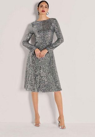 Madeleine Midikleid Abendkleid mit Glanzeffekt Stilvolles Eventkleid mit U-Boot-Ausschnitt und Langarm