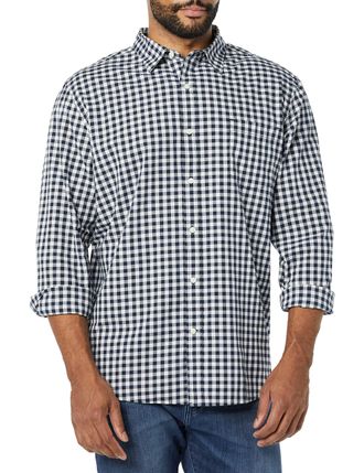 Amazon Essentials Herren Langärmeliges Hemd Aus Stretch-Popeline Mit Normaler Passform, Marineblau Weiß Vichy-Muster, XL