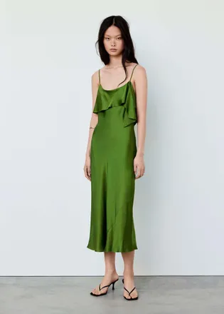 Mango Robe satin&eacute;e &agrave; volant asym&eacute;trique vert - Femme - S - MANGO
