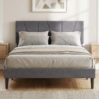 Costway Polsterbett mit Lattenrost, Bettrahmen aus Holz mit h&ouml;henverstellbarem Kopfteil in Leinenstoff, Bettgestell ohne Matratze, Grau (140 x 200 cm)