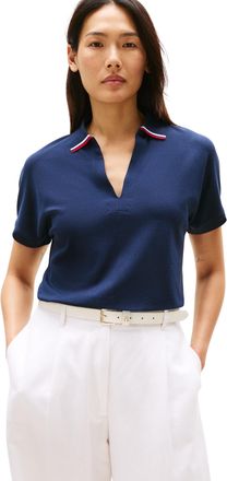 Tommy Hilfiger Damen Poloshirt Kurzarm Lyocell Tipping Open ohne Knopfleiste, Blau (Dark Night Navy), XL