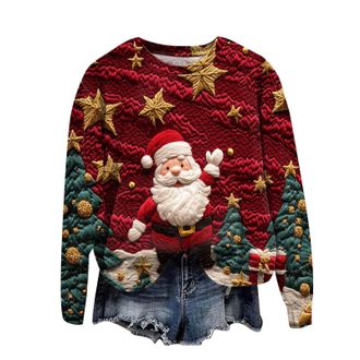 Generic Weihnachten Pullover Damen.Winter Oversized Warme Vintage Weihnachten Pullover für Damen Langärmel Rundhals Bekleidung Weihnachtsmann Druck Mädchen El