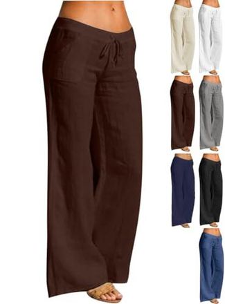 Generic Pantalon ample en lin et coton m&eacute;lang&eacute; pour femme avec cordon de serrage et taille &eacute;lastique, caf&eacute;, XXL