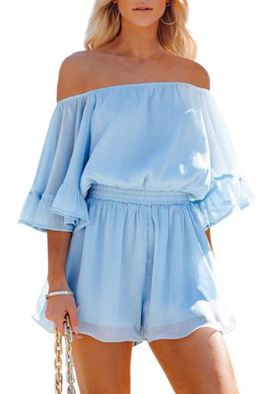 Pink Queen Damen Tr&auml;gerlos Boho Jumpsuit Mini Kleid R&uuml;schen Strampler Shorts Schulterfrei Sommer Spielanzug Hellblau XL