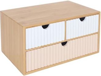 Relaxdays Schubladenbox, Bambus & MDF, 3 geriffelte Schubladen, HBT: 15 x 30 x 20 cm, Schreibtisch Organizer, weiß/rosa