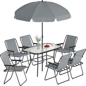 OUTSUNNY Salon de jardin ext&eacute;rieur - Outsunny - 8 pi&egrave;ces - avec parasol et 6 chaises pliantes - plateau verre tremp&eacute;, structure acier - gris