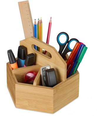 Relaxdays Stiftehalter, Bambus, drehbarer Schreibtisch Organizer, HBT 15x17x19 cm, Stifte & Scheren, Pinselhalter, Natur