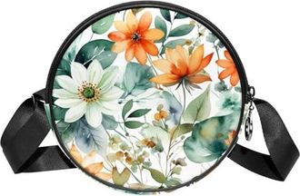 Generic Petit sac &agrave; bandouli&egrave;re circulaire pour femme, motif feuilles florales, sac &agrave; dos avec fermeture &eacute;clair, bretelles r&eacute;glables, sac &agrave; main rond d&eacute;contra