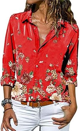 Onsoyours T-Shirt Femme Mode Col en V Revers Zipper Tops Élégant Imprimé Chemise À Manches Longues Slim Fit Blouse Basique Boutons Top Hauts Couleur Unie Shirt 