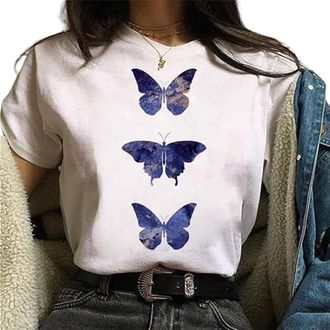 Keephen Vibrant Papillon T-Shirt Femmes Belle Color&eacute; Papillon Impression 3D Manches Courtes Blouse Casual Col Rond Tee Tops