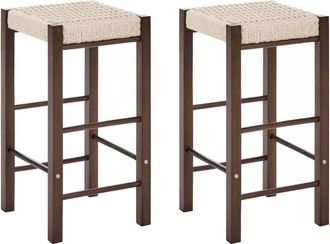 Beliani Lot de 2 Tabourets de Bar Boh&egrave;me en Bois dH&eacute;v&eacute;a avec Assise Tress&eacute;e Cuisine Salle &agrave; Manger Marron Fonc&eacute; Embrun