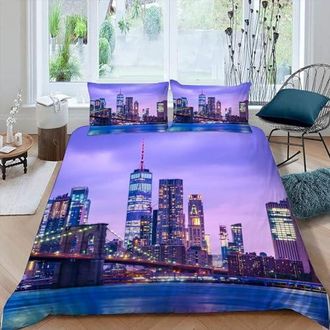 Generic Housse de Couette 220x240 New York Parure de Lit Ville Moderne Ultra Doux Respirante Microfibre Literie Set 2 Personnes avec Fermeture &Eacute;clair avec 2 T