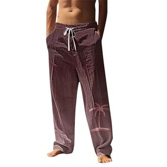 Generic Pantalon baggy en coton et lin pour homme 2026 - Pantalon en lin imprim&eacute; cocotier - Jambe droite - Pantalon d&eacute;contract&eacute; ample pour l&eacute;t&eacute;, la plage, les