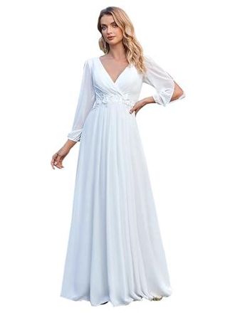 MisShow Robe de Soir&eacute;e Grande Taille Femme Longue Manche Longue en Mousseline Col V Applique Pliss&eacute; Blanche 46