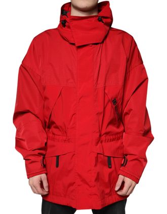Dolce & Gabbana Red Nylon Hooded Men Full Zip Parka Jacket Elastane Clothing