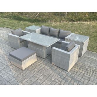 Fimous Rattan Gartenm&ouml;bel Set mit Sofa, H&ouml;he verstellbar Esstisch und Hocker,Sessel,2 Beistelltisch,Outdoor Terrassen Essgruppe 7-teilige Sitzgruppe Helles