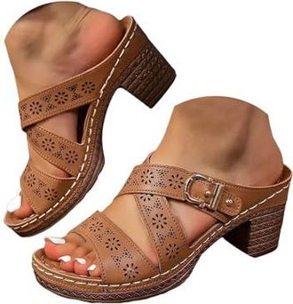 Generic Tongs &agrave; talons &eacute;pais pour femme - Mules &agrave; talons &agrave; enfiler pour robe de mari&eacute;e - Chaussures de mariage - Tongs d&eacute;t&eacute; avec soutien de la vo&ucirc;te plantaire