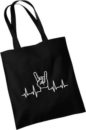 OM3 Heavy Metal Sac en coton avec battement de coeur et fourchette &agrave; frites - Sac de festival pour les fans de m&eacute;tal - Sac en coton - Longue anses, Noir