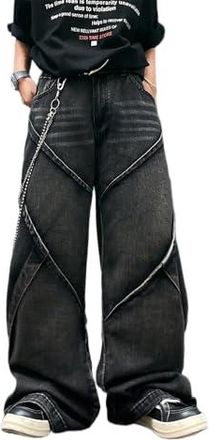 ORANDESIGNE Homme Jeans Baggy Hip Hop Jeans Skater &agrave; Jambe Large Pantalons en Denim D&eacute;contract&eacute;s Y2K Skateboard Streetwear A Noir XL