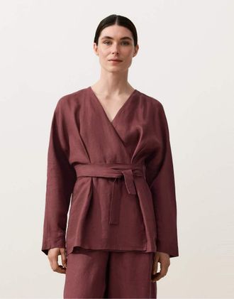 Oysho Chemise style kimono 100 % lin &agrave; carreaux - Rouge fonc&eacute; et blanc-Vert