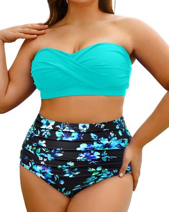 Yonique Zweiteiliger Damen-Badeanzug, &Uuml;bergr&ouml;&szlig;e, hohe Taille, Bandeau-Bikini, Bauchweg-Badeanzug, 18 Plus