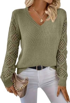 TOMWELL Col en V Pullover Femme Pull en Tricot Manches Longues Sweater Décontractés Automne Hiver Tricoté Tops A Vert XL