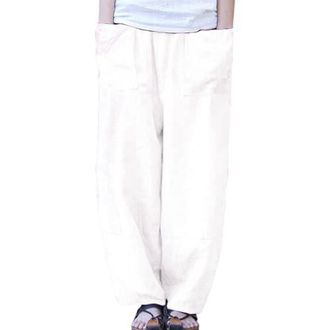 Generic Pantalon d&eacute;t&eacute; en lin pour femme - Pantalon court d&eacute;contract&eacute; avec cordon de serrage &eacute;lastique - Pantalon droit avec poches, blanc, 5XL