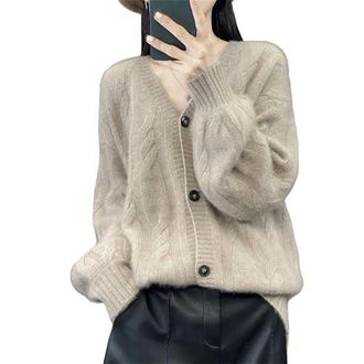 Generic Cardigan en tricot 100 % laine m&eacute;rinos avec col en V et boutons pour femme, Camel, M