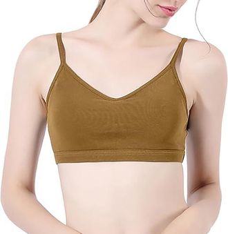 Generic Soutien-gorge de sport sans fil rembourr&eacute; avec col en V et bretelles fines pour femme, marron, L