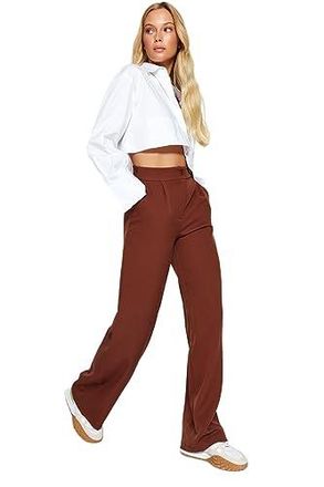 Trendyol Woman High Waist Wide Leg Trousers Pantalons, Marron, 34 Femme