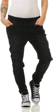 Fashion4Young 3913 Damen Jeans Hose Boyfriend Haremsjeans Gummibund Jogg-Pants R&ouml;hrenjeans Slim-Fit (schwarz, XL-42)