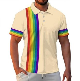 Generic Polo d&eacute;contract&eacute; pour homme - Imprim&eacute; arc-en-ciel - T-shirt &agrave; manches courtes, beige, 3XL