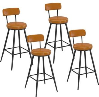 IDMarket Lot de 4 tabourets de Bar ISAURE avec Dossier Effet Cuir Marron et Pieds m&eacute;tal Noir