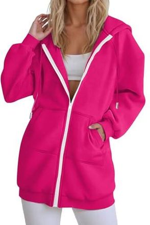 Generic Sweat-shirt long avec poches zippées pour femme - Sweats à fermeture éclair intégrale pour femmes - Sweat à capuche surdimensionné chaud à col rond av