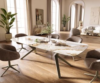 DELIFE Esstisch Edge Boot 260x120 cm Keramik Minas Melange Wei&szlig;-Beige Zenthara kantig Metall Effektfinish Titan, Esstische