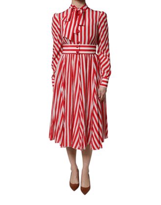 Dolce & Gabbana Womens White Red Stripes Long Sleeves Midi Dress And Silk