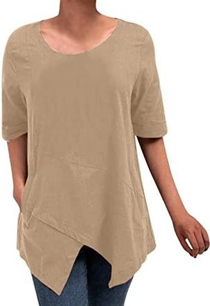 Generic Chemisiers d&eacute;t&eacute; pour femme - Grande taille - Manches quart - T-shirts en coton pour femme - Coupe ample - Chemise en lin boh&egrave;me ample - Haut blanc - H