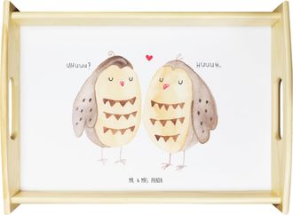 Mr. & Mrs. Panda Tablett Eulen Liebe - Geschenk, sofatablett, Eule, Servier, Verliebt, Serviertablett, Paar, aus Holz, Owl, zum servieren