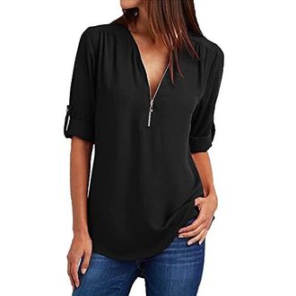 Generic T-Shirts en Mousseline de Soie &agrave; col en V pour Femmes, Coupe Ample, Long, uni, Hauts pour Femmes, 2026 Tendance, Y2K, W-456 Noir, 5XL