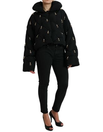 Dolce & Gabbana Womens Black Embellished Quilted Shell Bomber Jacket Nylon Clothing