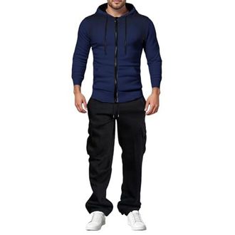 Generic Survêtement 2 pièces pour homme avec fermeture éclair intégrale et pantalon cargo, ensemble décontracté pour le sport de plein air, survêtement dautom