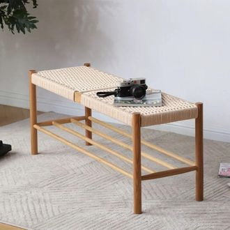 Generic Eingangsbank Mit Schuhablage - Schuhwechselbank Aus Massivholz Und Geflochtenem Hanfseil, Nussbraun(Natural Wood-Type B,43.5 L x 14 W x 18 H)