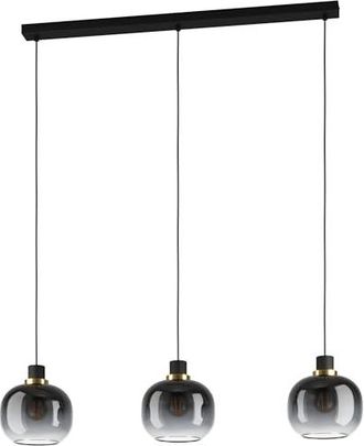 Eglo H&auml;ngelampe Oilella, 3-flammige Pendelleuchte Rauchglas &uuml;ber Esstisch, Deckenlampe h&auml;ngend aus Metall mit Glas-Kugel in Schwarz-Grau mit Messing, Kugel