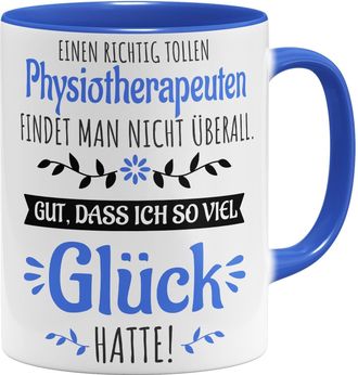 OM3 Physiotherapeut Kaffee-Tasse mit Spruch - Geschenk für Physiotherapeuten Danke Spruch Glück gehabt - Keramik Becher - 325ml - Beidseitig Bedruckt - Ro
