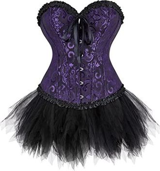 Grebrafan Corset Bustier Broderie avec Jupe en Tulle Tutu (EUR(34-36) M, Noir Violet)