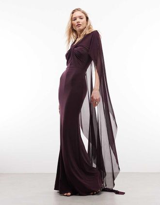 Asos Hochgeschlossenes Maxikleid in Pflaume mit verdrehter Vorderseite und Cape-Detail aus Netzstoff-Lila