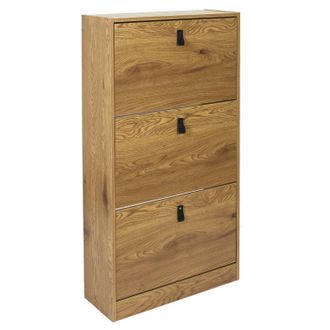 HowHomely | Schuhschrank Forno Eiche mit 3 Klappen Ledergriffen platzsparend Flurm&ouml;bel f&uuml;r Schuhe modern Elegantes Design Garderobe Ordnung