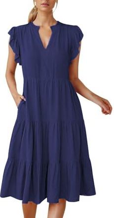 Generic Robe d&eacute;t&eacute; pour femmes - Robe midi &agrave; manches volant&eacute;es et col en V - Coupe fluide et d&eacute;contract&eacute;e, style boh&egrave;me, vacances de plage, robe ample pour fem