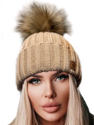 4sold Damen Winter Strickm&uuml;tze - warme Beanie mit Kunstfell-Bommel - handgefertigt in Polen, italienisches Acryl, weich & atmungsaktiv, viele Farben, One Si