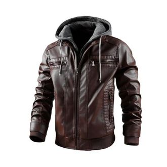 Generic Veste de moto &agrave; capuche en cuir synth&eacute;tique pour homme, coupe-vent vintage avec capuche amovible, caf&eacute;, 3XL